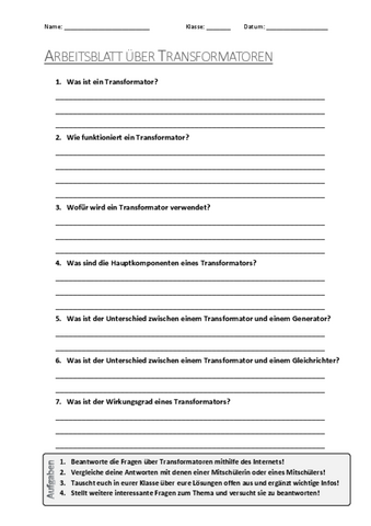 Arbeitsblatt zum Thema "Transformator" | Unterricht.Schule